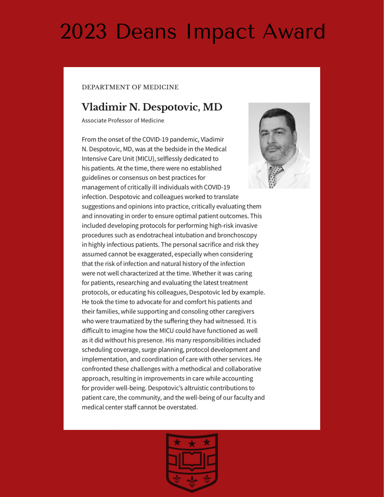 Vladimir Despotovic, MD recognized as a 2023 Dean’s Impact Award ...